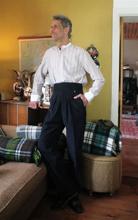 Mens High Waist Pants 1940s Style Navy Blue Corduroy Pleated Trousers