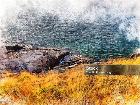 추상적인 다채로운 산맥과 태국 푸켓의 바다가 수채화 일러스트 페인팅 배경에 있습니다 추상적인에 대한 스톡 사진 및 기타 이미지 추상적인 해변 0명 Istock