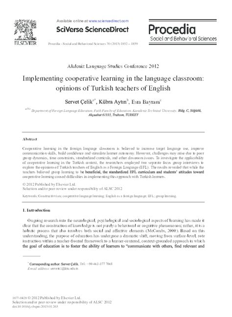 Pdf Implementing Cooperative Learning In The Language Classroom Opinions Of Turkish Teachers