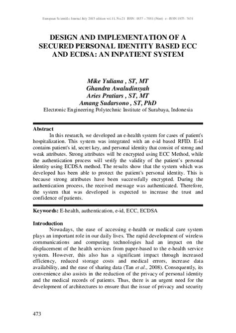 Pdf Design And Implementation Of A Secured Personal Identity Based Ecc And Ecdsa An Inpatient