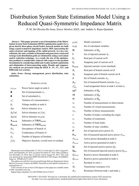 Pdf Distribution System State Estimation Model Using A Reduced Quasi