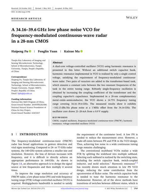 A 3416396 Ghz Low Phase Noise Vco For Frequency‐modulated Continuous‐wave Radar In A 28‐nm