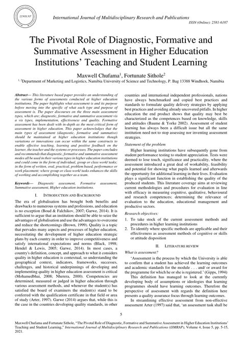 Pdf The Pivotal Role Of Diagnostic Formative And Summative Assessment In Higher Education