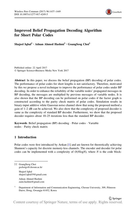 Improved Belief Propagation Decoding Algorithm For Short Polar Codes Request Pdf