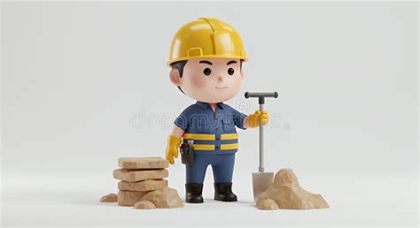 Chibi Korean Construction Worker 3d Render Cute Cartoon Laborer With Shovel Sand And Stones