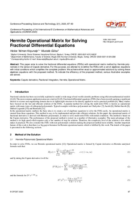 Pdf Hermite Operational Matrix For Solving Fractional Differential