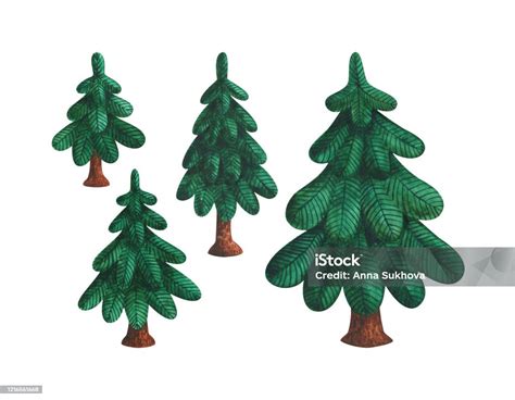 녹색 전나무 양식에 일치시키는 수채화 일러스트레이션 집합입니다 다른 높이와 크기의 상록 나무 천연 환경 친화적 인 요소 흰색 배경에 격리 크리스마스 장식 이나 일년 중 언제
