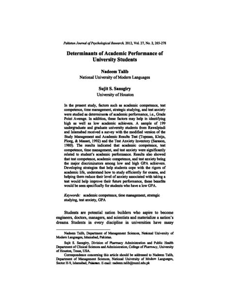 Determinants Of Academic Performance Of Pdf Test Assessment