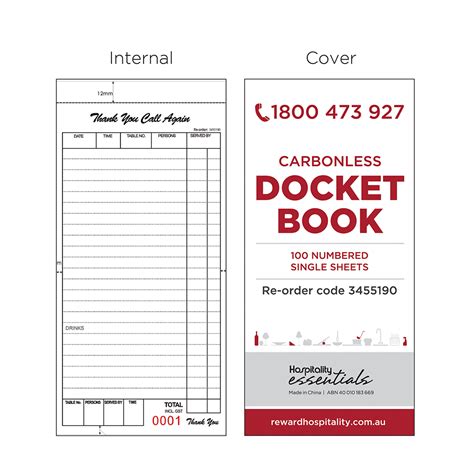 Restaurant Docket Book Single Sheet 100x210mm Essentials Collection 3455190 Reward Hospitality
