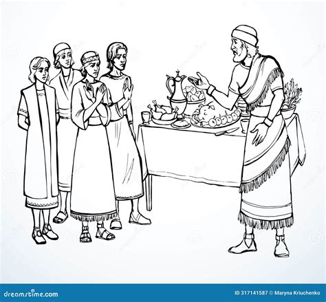 Vector Drawing Daniel And His Friends Refuse The King S Food Stock Vector Illustration Of
