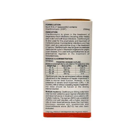 Clarithromycin 250mg 5ml 70ml Granules Philippine Generic Medicine