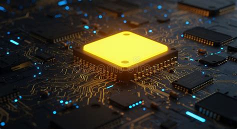 Glowing Yellow Cpu Chip On A Circuit Board High Tech Computing Power