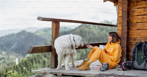 젊은 여성은 멋진 산 풍경을 즐기고 하이킹을 위해 승화 된 음식을 먹으며 자연 집의 나무 테라스에 개와 함께 앉아 있습니다