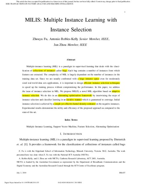 Pdf Milis Multiple Instance Learning With Instance Selection
