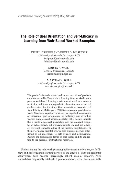 Pdf The Role Of Goal Orientation And Self Efficacy In Learning From Web Based Worked Examples