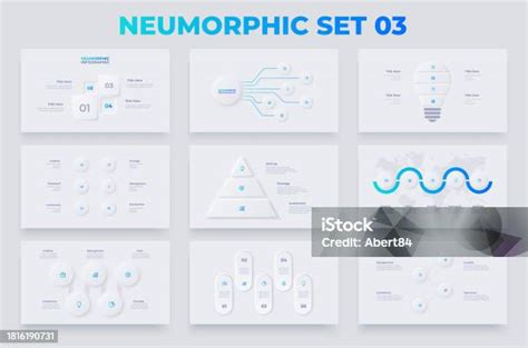 뉴모픽 인포그래픽 요소가 있는 9개의 슬라이드 타임라인 피라미드 전구 및 주기 다이어그램 4 5 6 및 7 옵션이 있는 인포