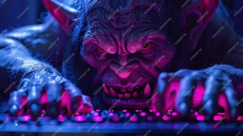 Premium Photo Intense Monster Focused On Gaming Keyboard