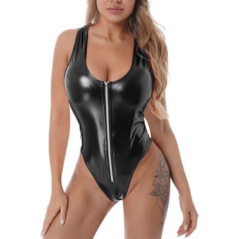 Womens Shiny Wet Look Bodysuits Zipper Front Leotard Tank Swimsuit