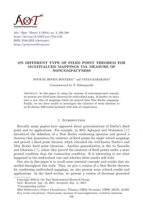 Pdf On Different Type Of Fixed Point Theorem For Multivalued Mappings Via Measure Of