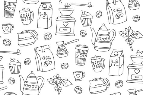 커피 낙서 이음새가 없는 패턴 컵 음료 콩 아침 식사 무한한 장식 끝없는 디자인 메뉴 커피에 대한 스톡 벡터 아트 및 기타