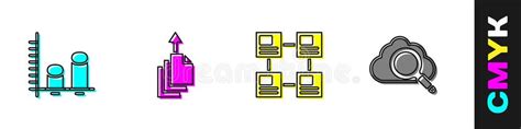 Set Data Analysis Export Hierarchy Organogram Chart And Search Cloud Computing Icon Vector