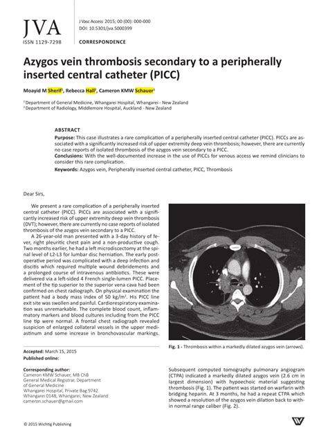 Pdf Azygos Vein Thrombosis Secondary To A Peripherally Inserted Central Catheter Picc