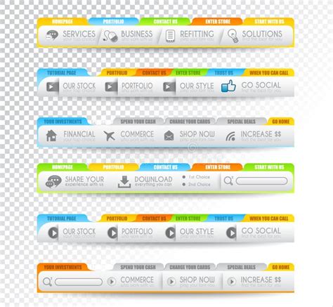 Website Design Template Navigation Elements With Icons Set Stock Vector