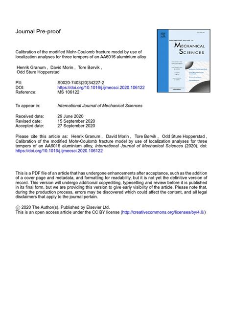 2020 Granum Calibration Of The Modified Mohr Coulomb Fracture Model By Use Of Localization
