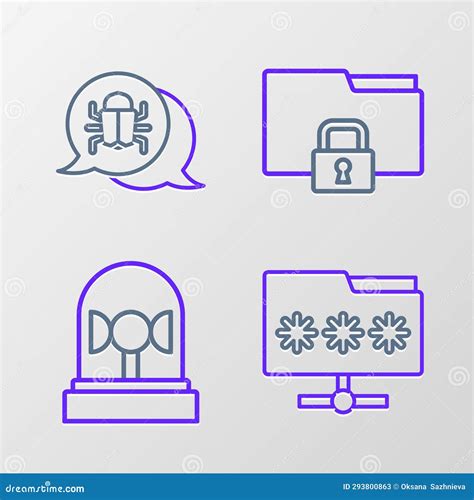 Set Line Folder With Password Flasher Siren And Lock And System Bug Icon Vector Stock Vector