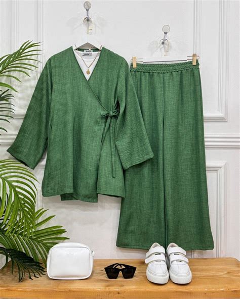 Mumpy Kimonalı İkili Takım Yeşil Yeni Sezon Tesettür Giyim