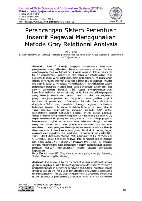 Pdf Perancangan Sistem Penentuan Insentif Pegawai Menggunakan Metode Grey Relational Analysis