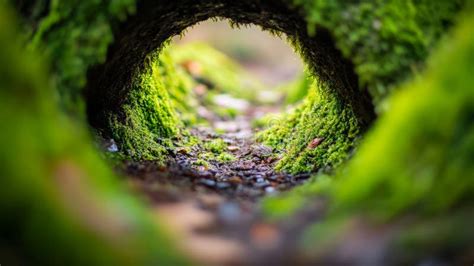A Vibrant View Of Nature Captured Through A Moss Covered Tunnel The