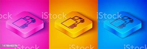 분홍색과 주황색 파란색 배경에 격리 된 등색 라인 배달화물 트럭 차량 아이콘 정사각형 버튼입니다 벡터 3차원 형태에 대한 스톡 벡터 아트 및 기타 이미지 Istock