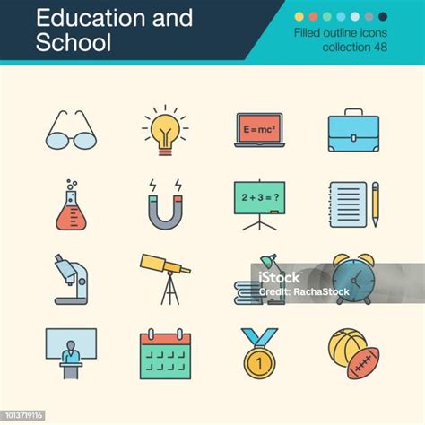 교육 및 학교 아이콘입니다 채워진된 개요 디자인 컬렉션 48입니다 프레 젠 테이 션 그래픽 디자인 모바일 응용 프로그램 웹 디자인 인포 그래픽에 대 한 가방에 대한 스톡