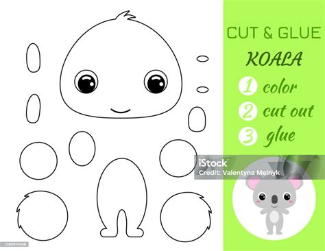 색칠 공부 는 아기 코알라를 잘라 접착제 유치원 어린이를위한 교육 종이 게임 워크시트를 잘라내고 붙여넣습니다 종이에 색상 절단 부품 및 접착제 만화 캐릭터 벡터 스톡