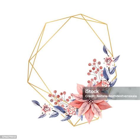눈 열매와 포인세티아 꽃잔가지가있는 금색 다각형 프레임의 겨울 수채화 손으로 그린 그림 초대장 인사말 카드 인쇄물 포스터 광고 0명에 대한 스톡 벡터 아트 및 기타 이미지