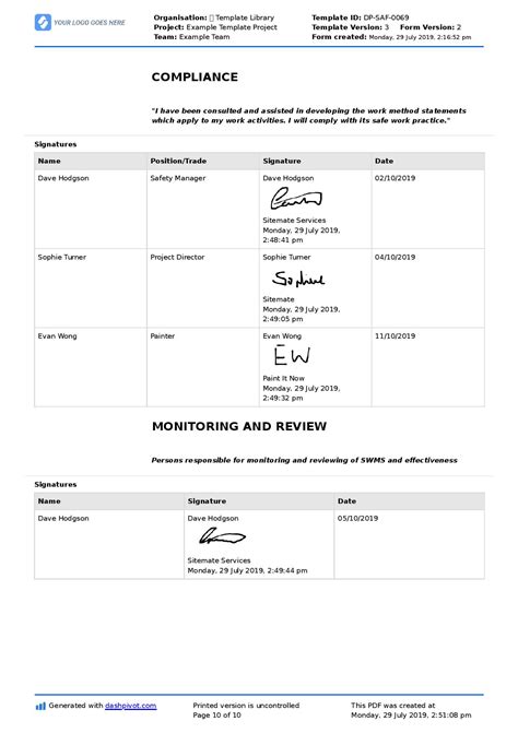 Working At Heights Safe Work Method Statement Template