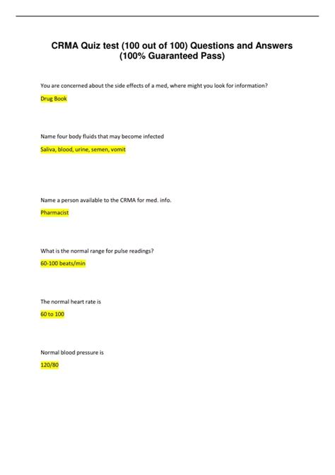 Crma Quiz Test 100 Out Of 100 Questions And Answers 100 Guaranteed Pass Crma