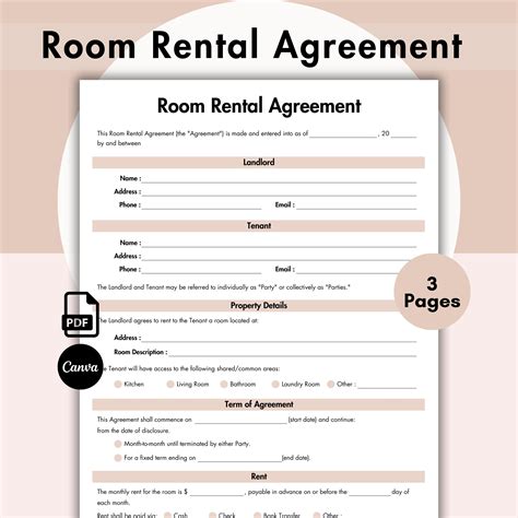 Room Rental Agreement Printable Room Tenancy Agreement Editable