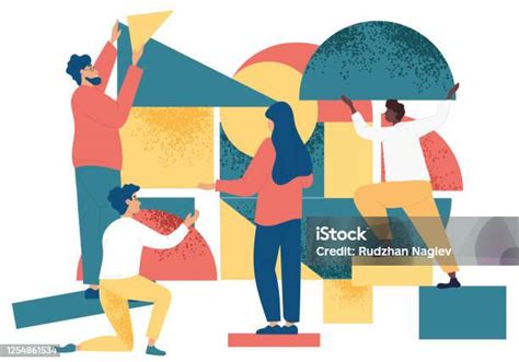 다양한 기하학적 모양의 퍼즐에 종사하는 다양한 사람들 추상적인에 대한 스톡 벡터 아트 및 기타 이미지 추상적인 사람들 다민족 그룹 Istock