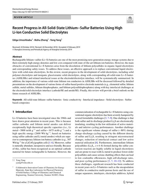 Pdf Recent Progress In All Solid State Lithium−sulfur Batteries Using