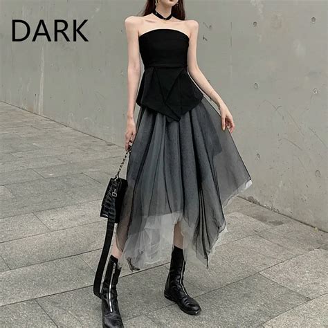 다크 슈트 여성 여름 오프 숄더 래핑 된 가슴 코트 펑크 하이 웨이스트 그라데이션 멀티 레이어 메쉬 투투 스커트 2 피스여성