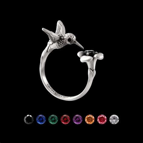 Customized Oxidized Silver Hummingbird Ring With Gemstone Coppertistwu