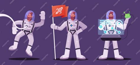 Premium Vector Astronaut Character Exploring Outer Space Futuristic Cosmonaut In Spacesuit
