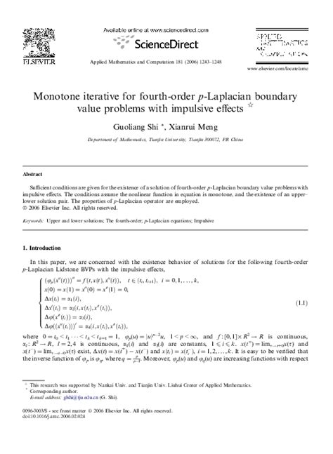 Pdf Monotone Iterative For Fourth Order P Laplacian Boundary Value Problems With Impulsive Effects
