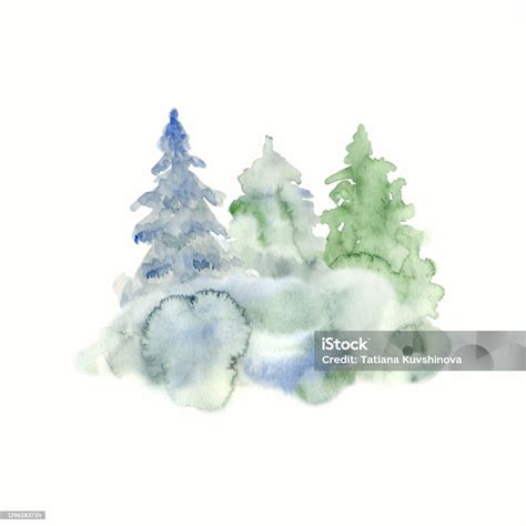 안개 에 3 파란색과 녹색 전나무 나무의 수채화 손 그린 그림 0명에 대한 스톡 벡터 아트 및 기타 이미지 0명 가문비나무 겨울 Istock