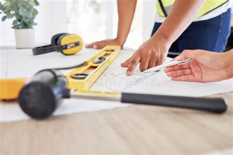 Builder Planning And Blueprint Of Hands With Tools Engineering And Architecture Floor Plan