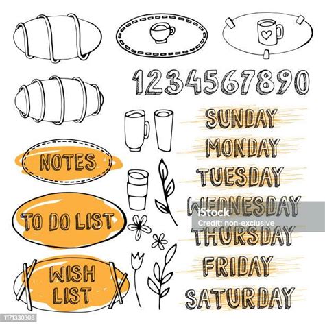 총알 저널 손 그리기 요소 제목 흰색 고립 된 배경에 숫자의 집합입니다 낙서 스타일 프레임 요일 컵 노트북 일기 및 플래너를위한 잎 꽃 식물에 대한 스톡 벡터 아트 및 기타