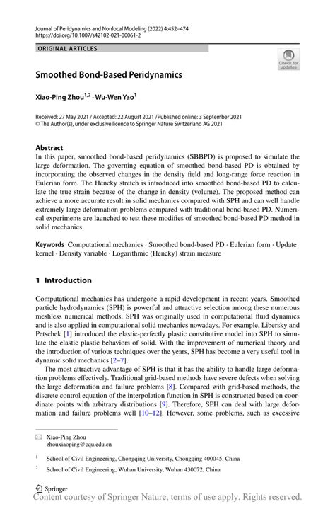 smoothed bond based peridynamics request pdf