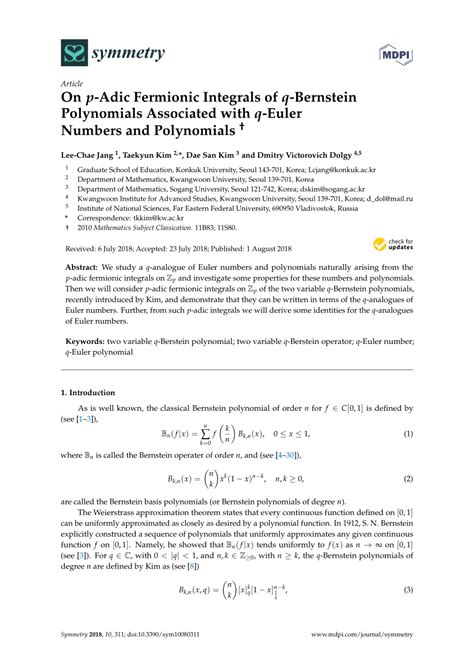 Pdf On P Adic Fermionic Integrals Of Q Bernstein Polynomials Associated With Q Euler Numbers